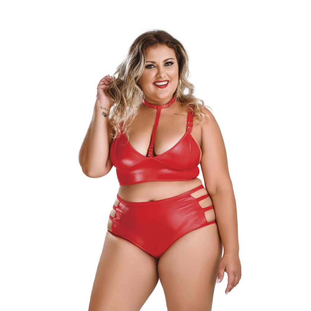 Bondage Set Top W Removable Collar And Pants Red Plus Size