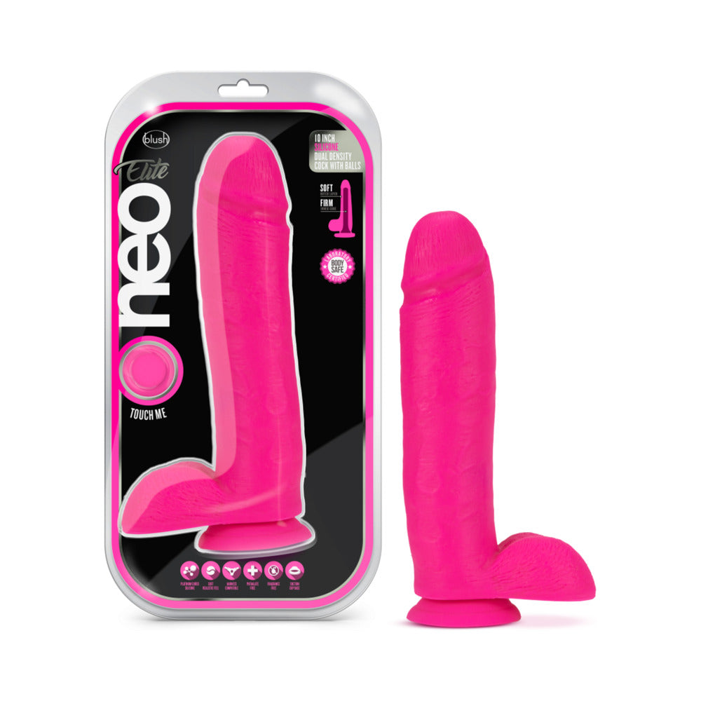 Neo Elite 10 Inch Silicone Dual Density Cock With Balls Neon Pink