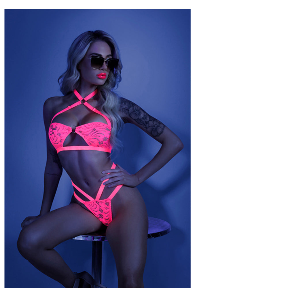 Glow Lights Off Lace Halter Bralette And Cage Panty Neon Pink Sm